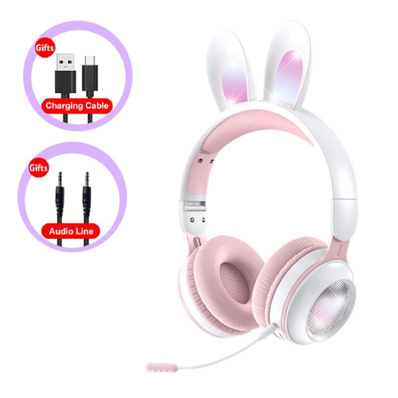 Pink Wireless Headphones Cat Ear with Mic Gamer Girl Kids Control RGB ...
