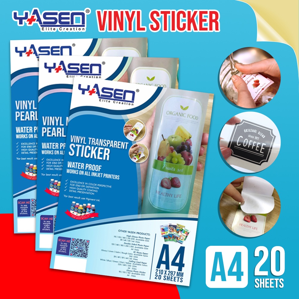 Yasen Pearl Vinyl Inkjet Sticker A4 Size Glossy/Matte/Transparent ...