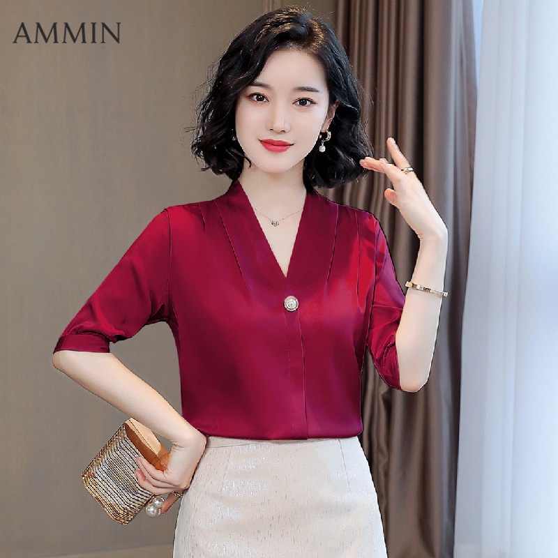Ammin Women's Office Silk Shirt V-Neck Chiffon Top Short Sleeves ... Ammin Women's Office Silk Shirt V-Neck Chiffon Top Short Sleeves ...