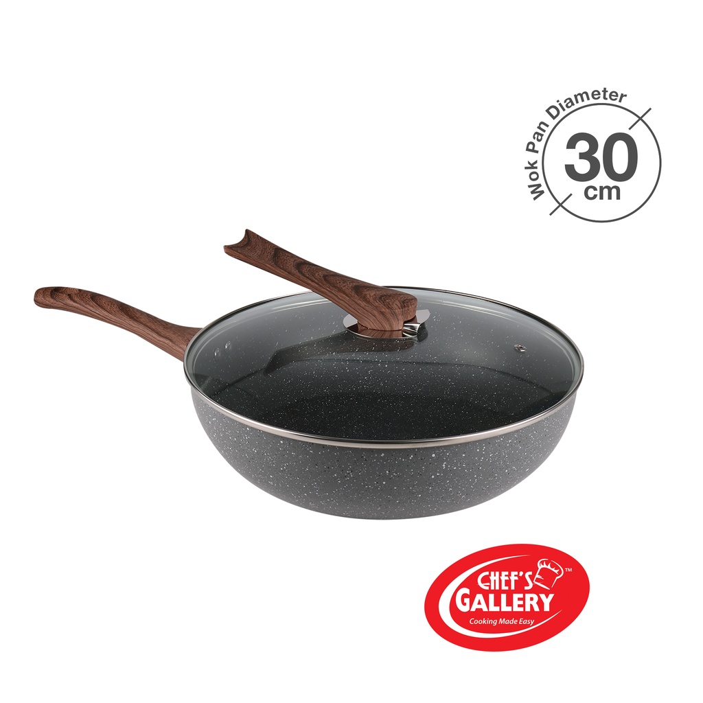 Chef's Gallery Induction Rock Wok Pan with Lid 30cm | Non-Stick ...