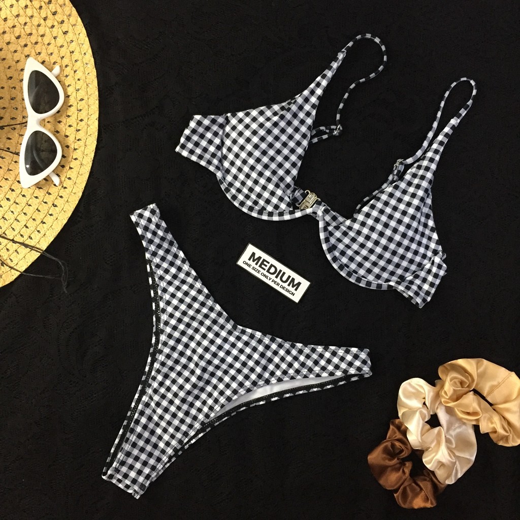 Large Checkered Gingham Underwire Bikini Highwaist Triangle Two Piece