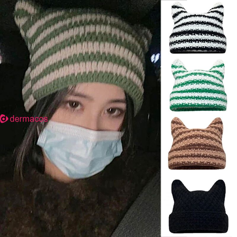 Cat Ear Stripe Knitted Cap Harajuku Punk Gothic Devil Hat Kawaii Winter ...