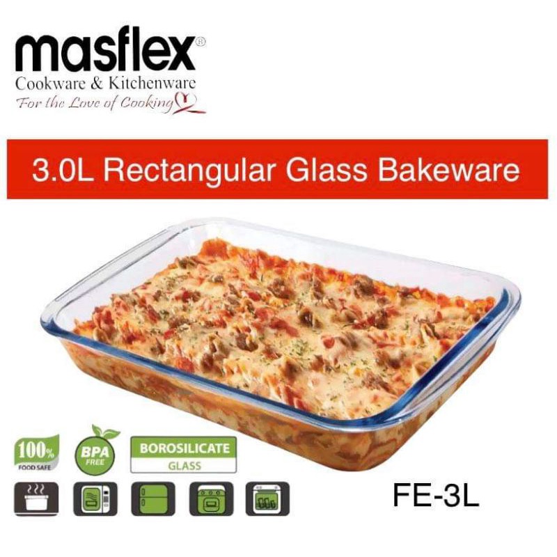 Masflex Original 3 Liters Borosilicate Rectangular Glass Bakeware with ...