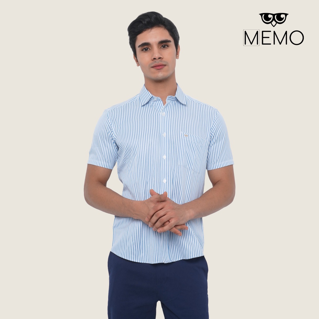 Memo Button Up Striped Shirt With Owl Embroidery For Men (French Blue ...