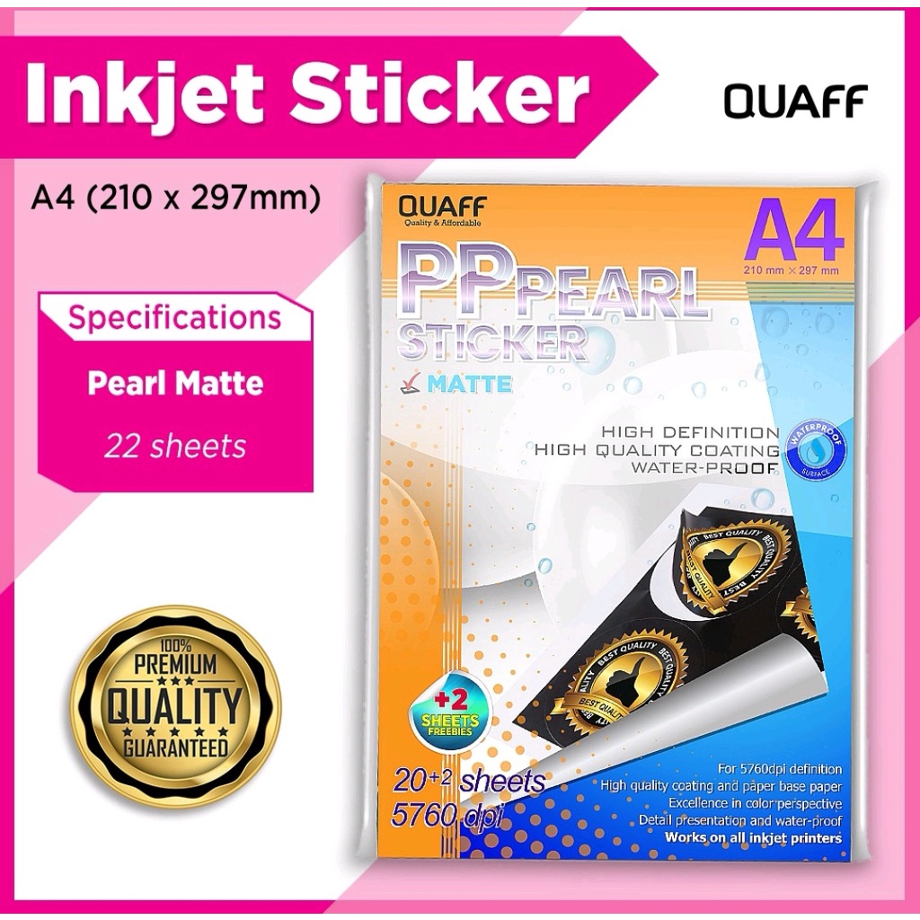 QUAFF PET Printable Label Sticker Waterproof 180GSM A4 Size ( PP Pearl Glossy & Matte / Aluminum ...