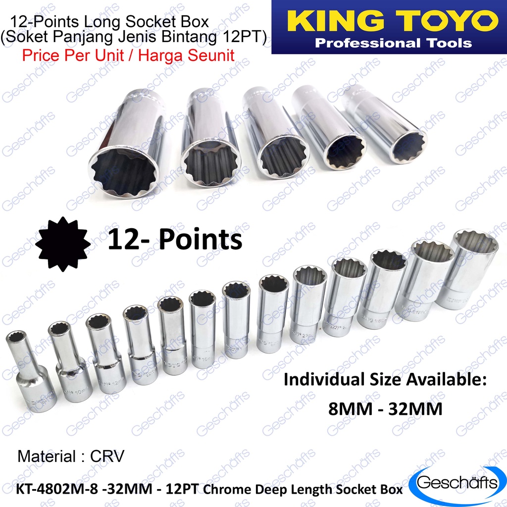 King Toyo Deep Length Chrome 12PT Socket Box 8mm-32mm (12-Point ...