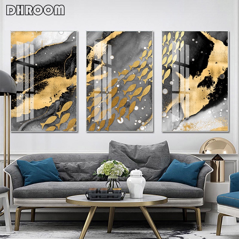 Nordic Abstract Canvas Painting Light Luxury Golden Fish Wall Art ...