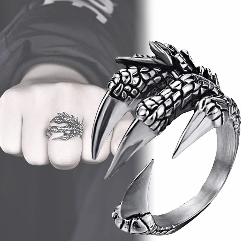 Retro Punk Dragon Claw Ring Exaggerated Antique Siver Color Opening ...