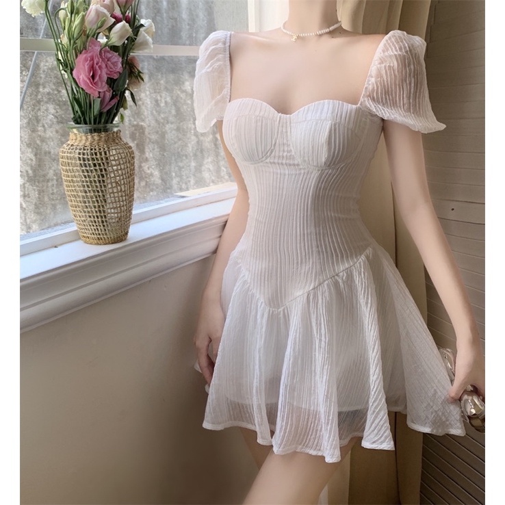 Ulzzang square neck flared dress (available in blue) | Shopee Philippines
