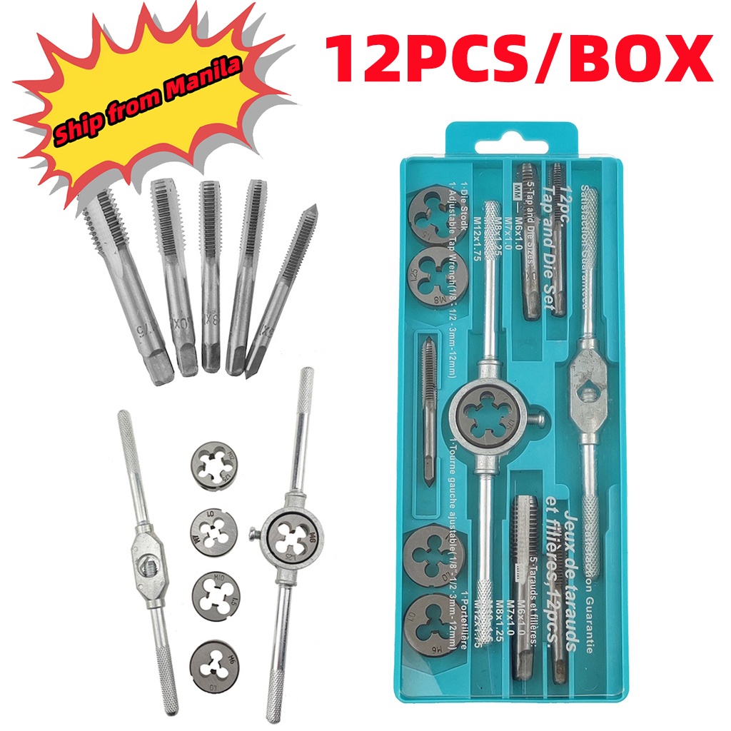 12Pcs Tap and Die Set Metric Hand Threading Plugs Straight Taper Wrench ...