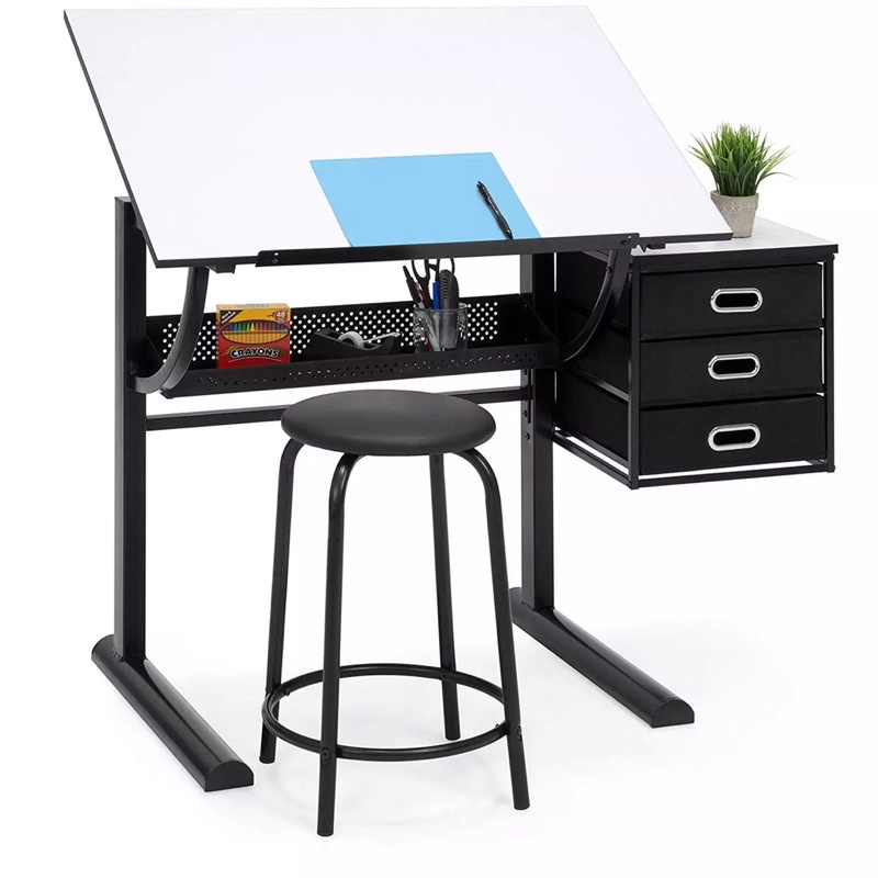 White Drafting Table with Drawers and Leather Padded Stool Set | Shopee ...