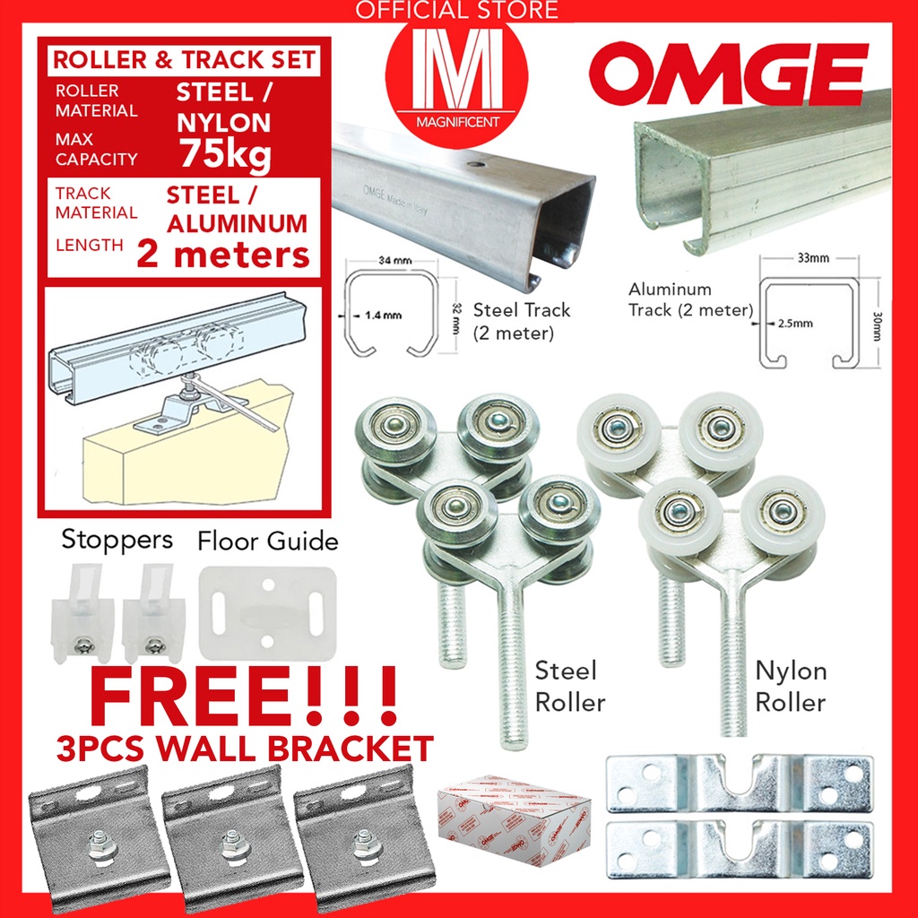OMGE Sliding Door Hardware Set with 2 meter Track and 3pc Wall Brackets ...