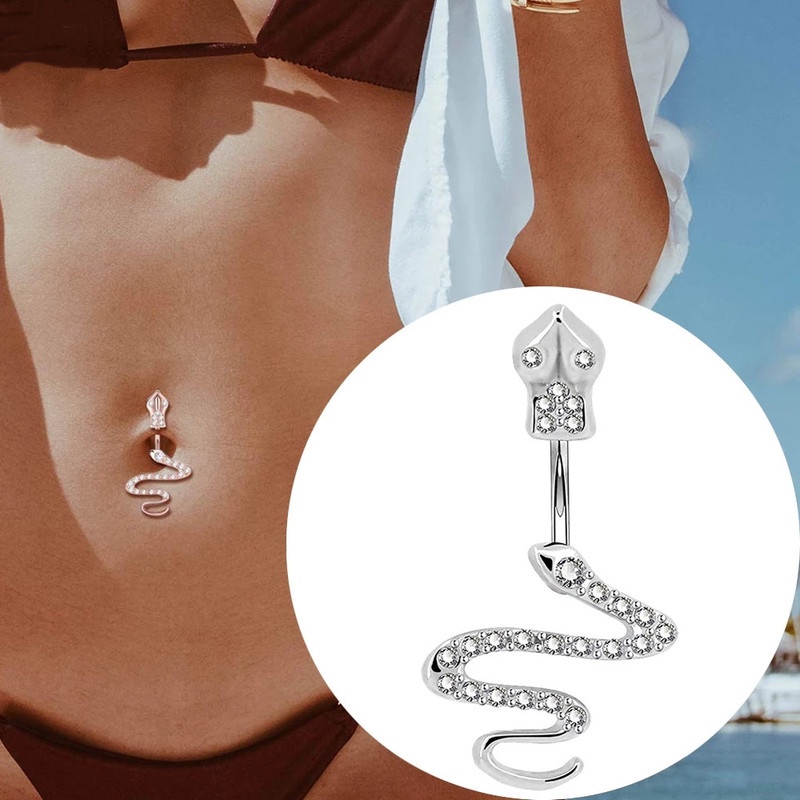 Rhinestone Snake Belly Piercing Button Ring Stainless Steel Navel Rings For Women Body Jewelry ...