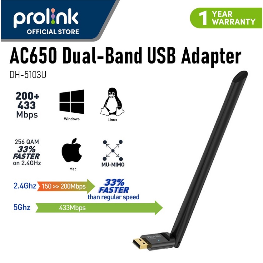 Prolink DH5103U AC650 ac11 Dual-Band wireless USB Network Adapter high gain 6dBi Antenna Wifi ...
