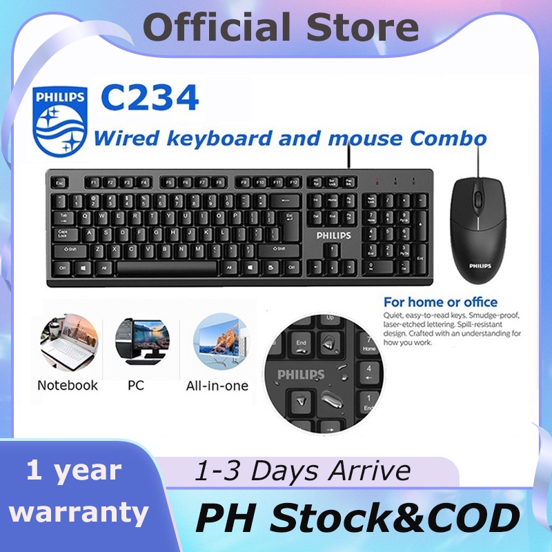 PHILIPS C234 (SPT6234) Ergonomic Wired USB Keyboard & Mouse Combos set ...