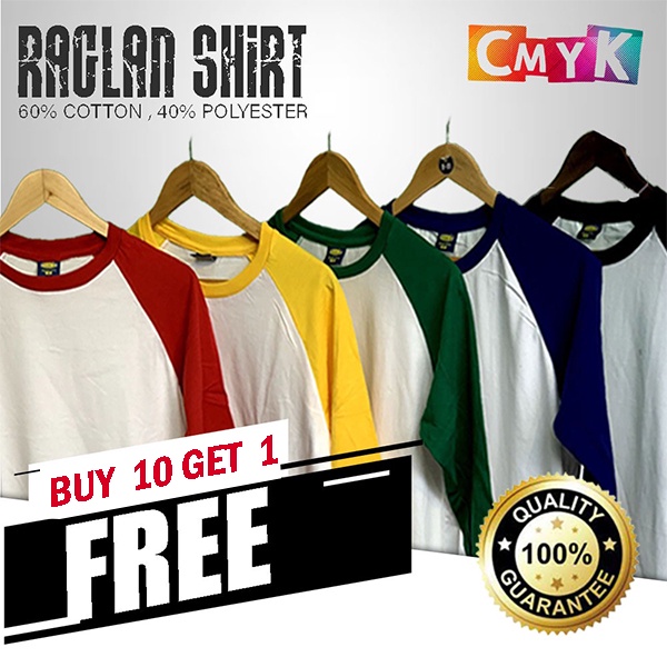 Plain Raglan 3/4 Sleeves shirt Cotton UNISEX Green Red Blue Yellow Gold ...
