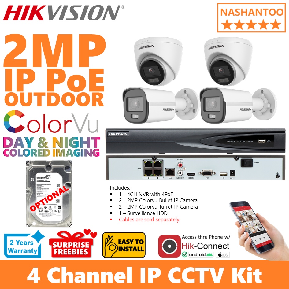 HIKVISION 4CH 2MP Colorvu PoE 4Cameras Outdoor IP Network DIY Package ...