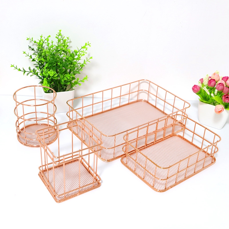 Metal Storage Rack Golden Mesh Bottom Basket Rose Iron Art Desktop ...