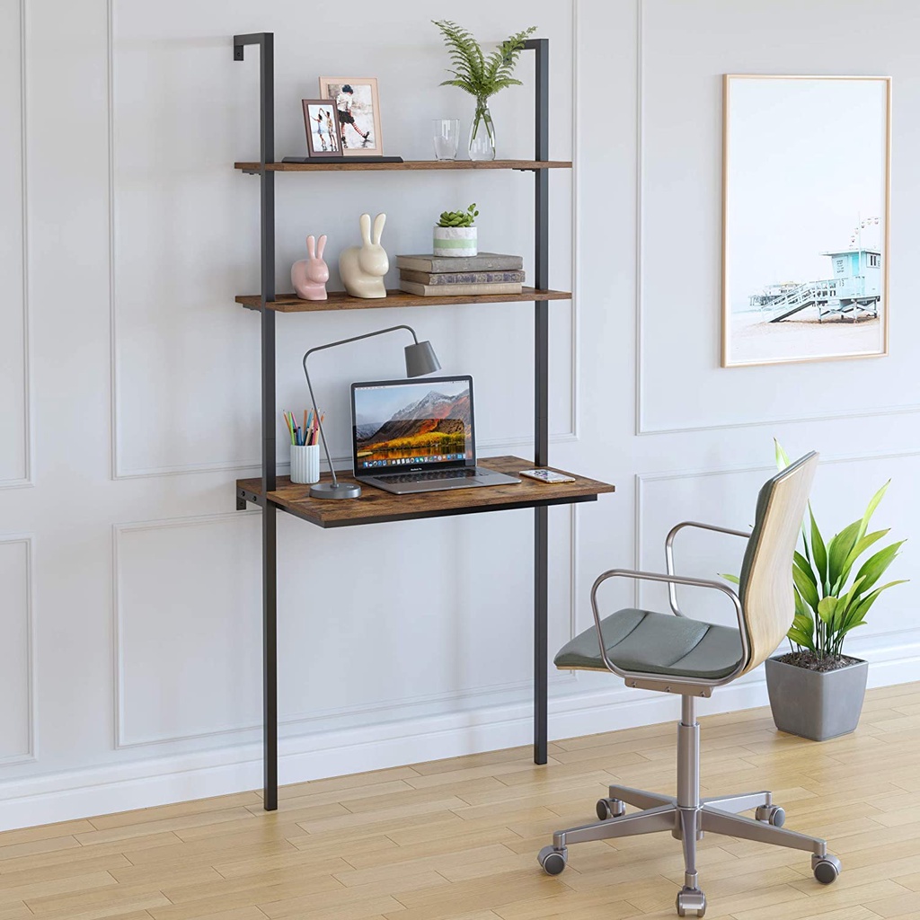 Wall Mounted Ladder Table with 2 Shelves Computer Desk W/ Storage Rack ...