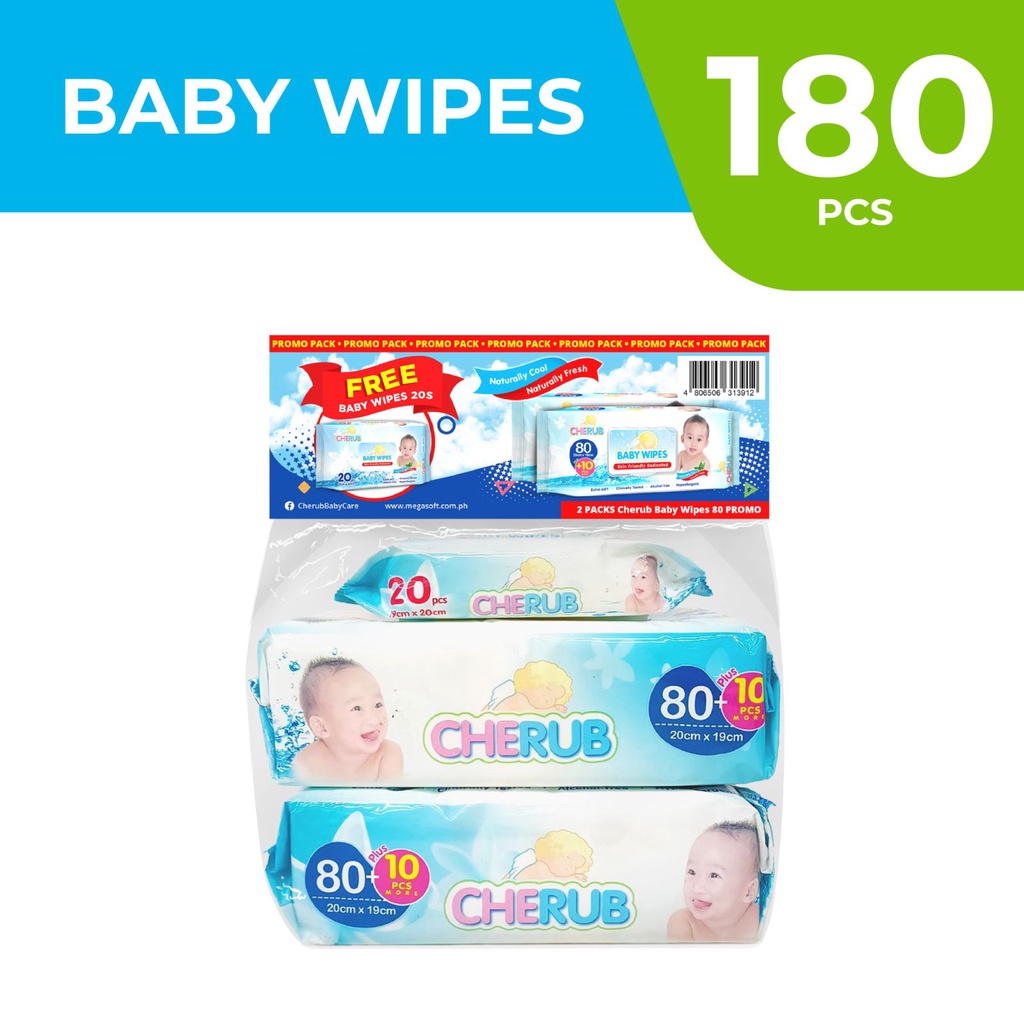Cherub Baby Wipes Promo Pack (2packs 80's + 1pack 20's) | Shopee Philippines