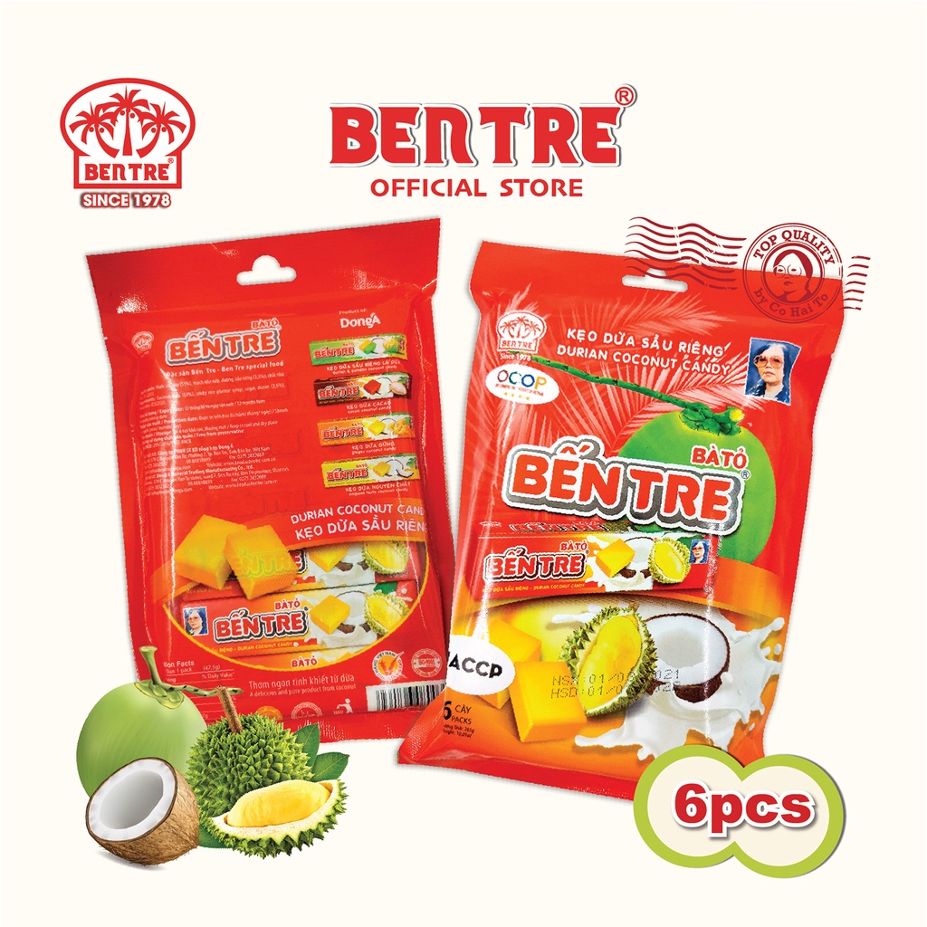 Ben Tre Hai To Coconut Candy Durian Flavor (Bag of 6 Bars) | Shopee ...