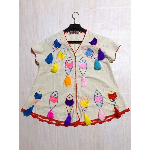 Fish Embroidery Shirt Cream Color With Red Edges Full Body Embroidered ...