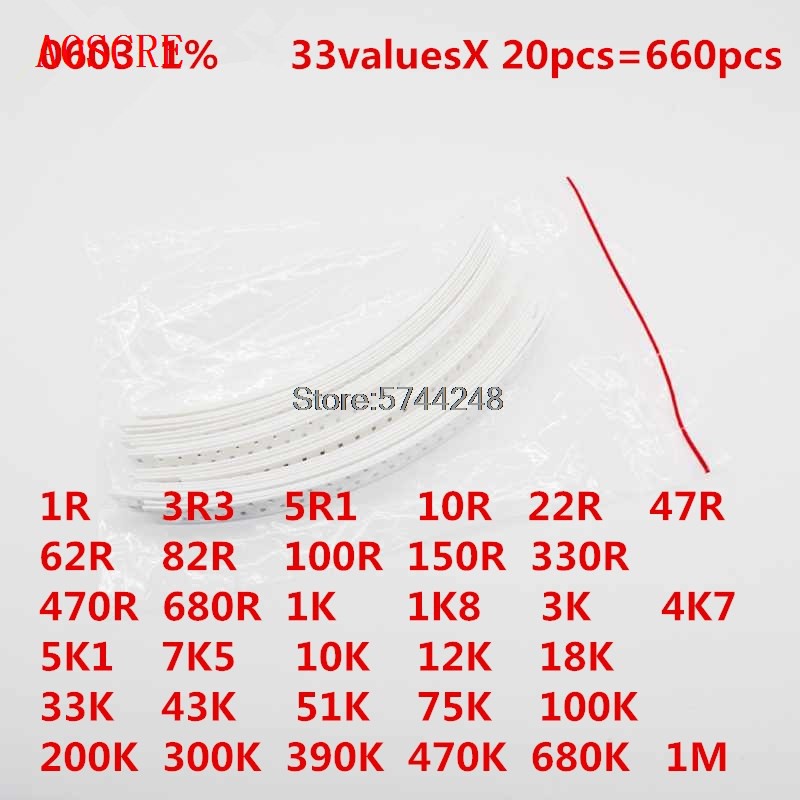 0603 SMD Resistor Kit Assorted Kit 1ohm-1M ohm 1% 33valuesX 20pcs ...