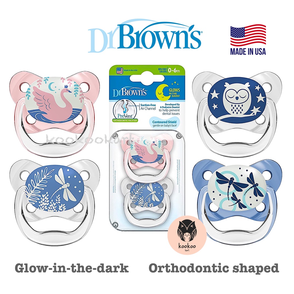 Made in USA Dr. Brown's PreVent Glow-in-the-dark Ortho Pacifier w/ Cap ...