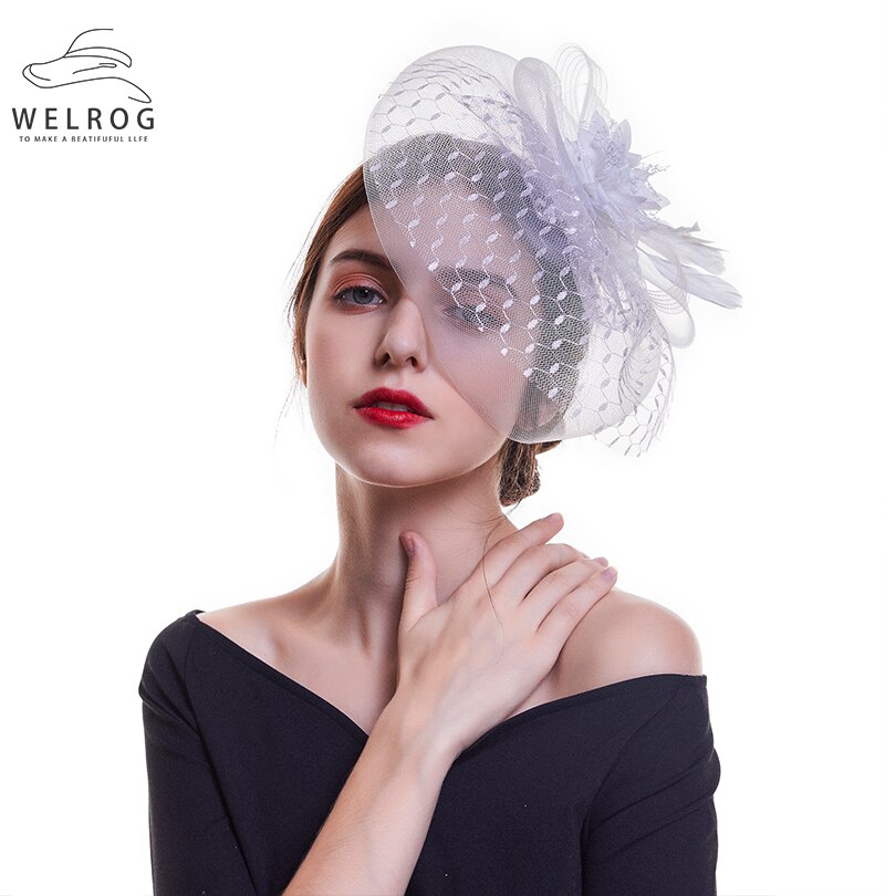 Feather Fascinator Hat with Black Wedding Lady Fedoras Hat Mesh Dot ...