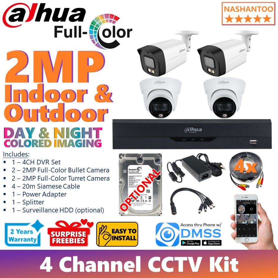 Dahua 4CH 2MP Full-Color 4Cameras Outdoor Alhua DIY CCTV Package Kit DH ...