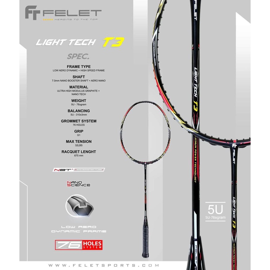 Felet Light Tech T3 Heavy Head Racket Badminton Raket Badminton [Free ...