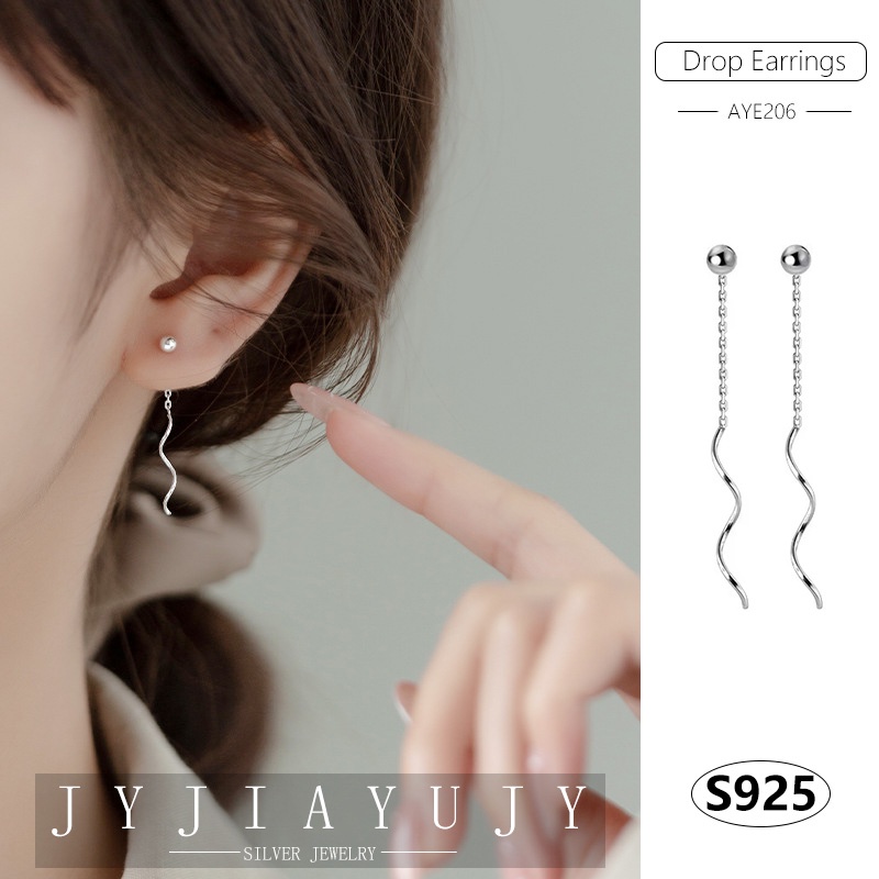 JYJIAYUJY 100% Sterling Silver S925 Earrings Ear Thread dangle earrings Round beads wavy lines ...
