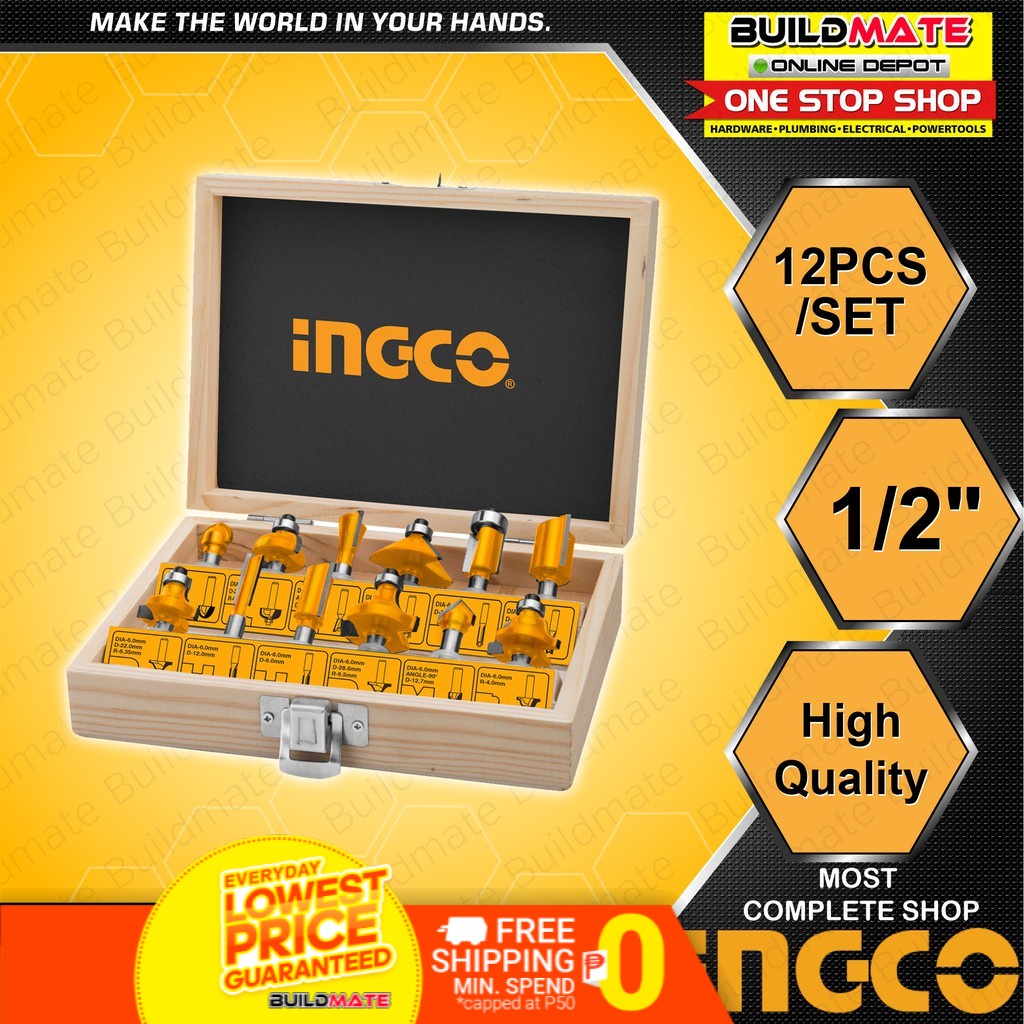 Buildmate x INGCO Router Bits Set 12PCS 12mm (1/2") Shank Plunge Router ...