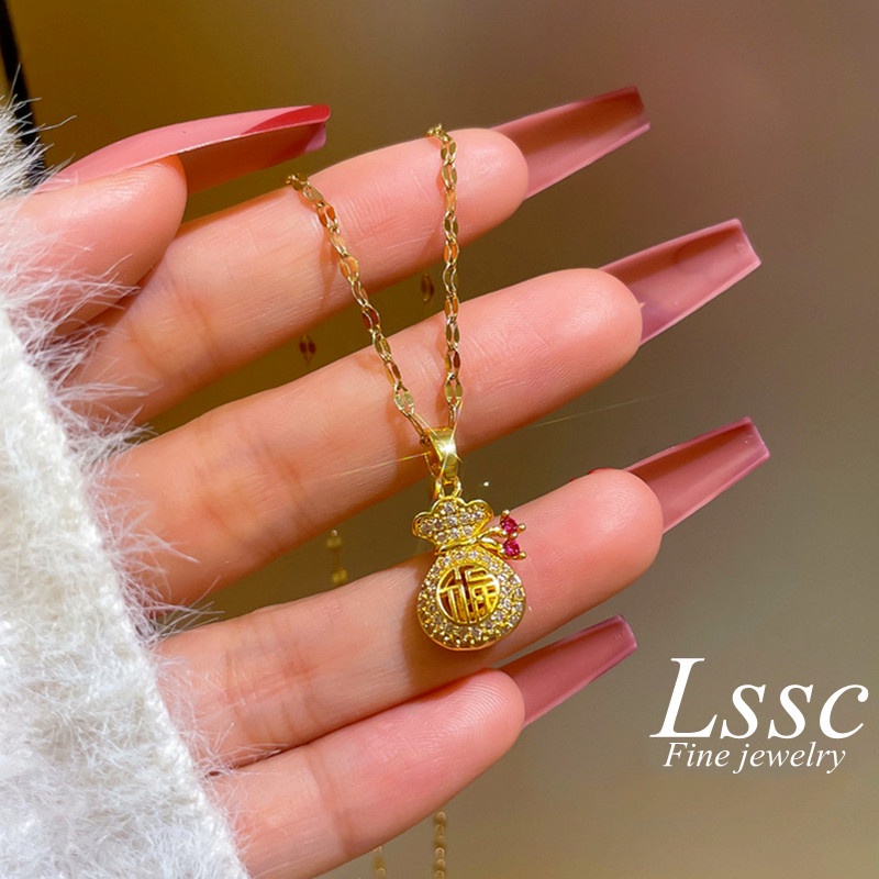 Lucky “Fu” Stainless Steel Necklace for Women Pendant Gold Chain Choker ...