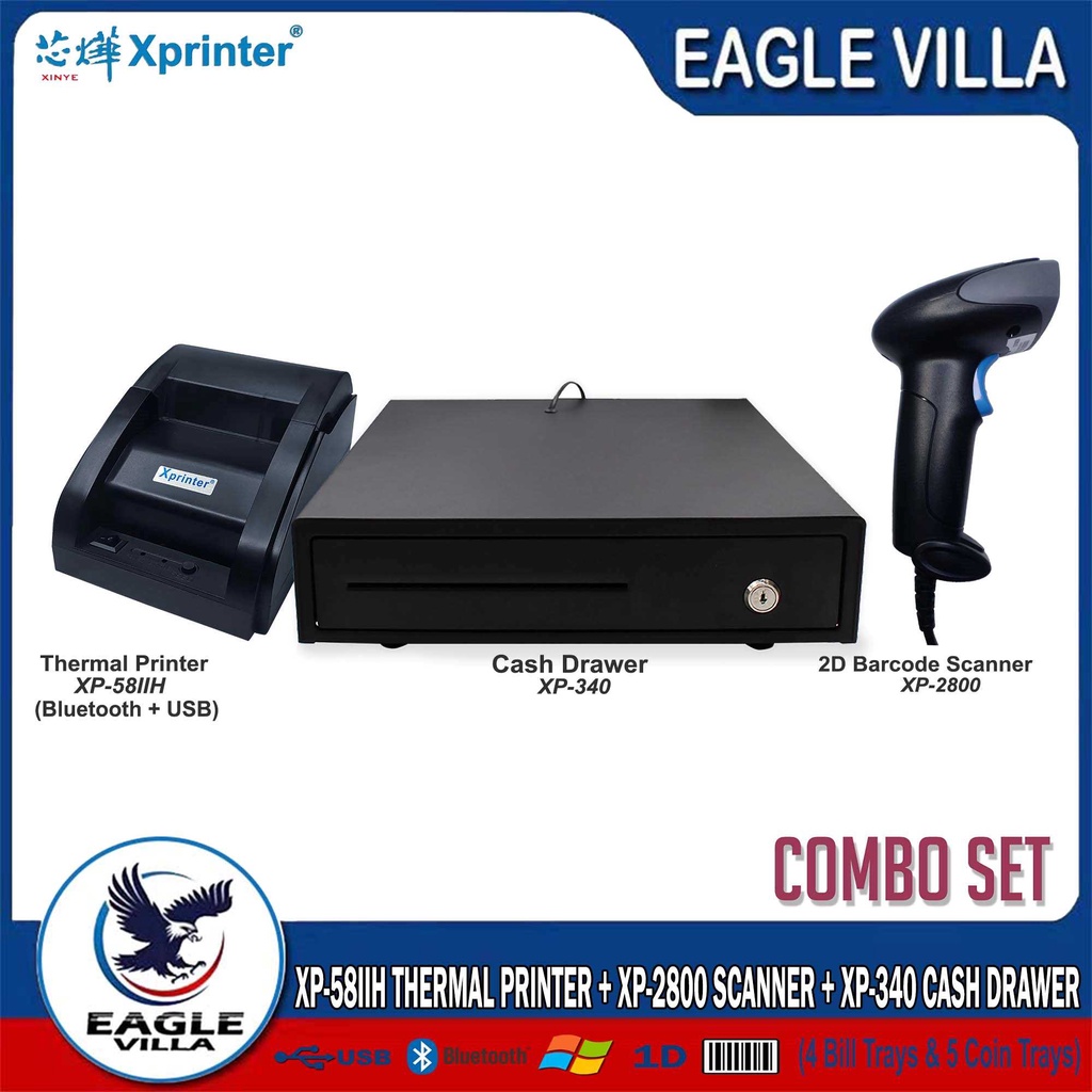 Xprinter XP-58IID Bluetooth Thermal Printer+340 Cash Drawer+7600 2D ...