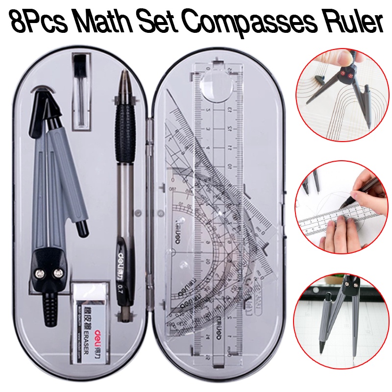 [Spot]1Set 8Pcs Math Set Compasses Ruler Triangle Square Ruler Students ...