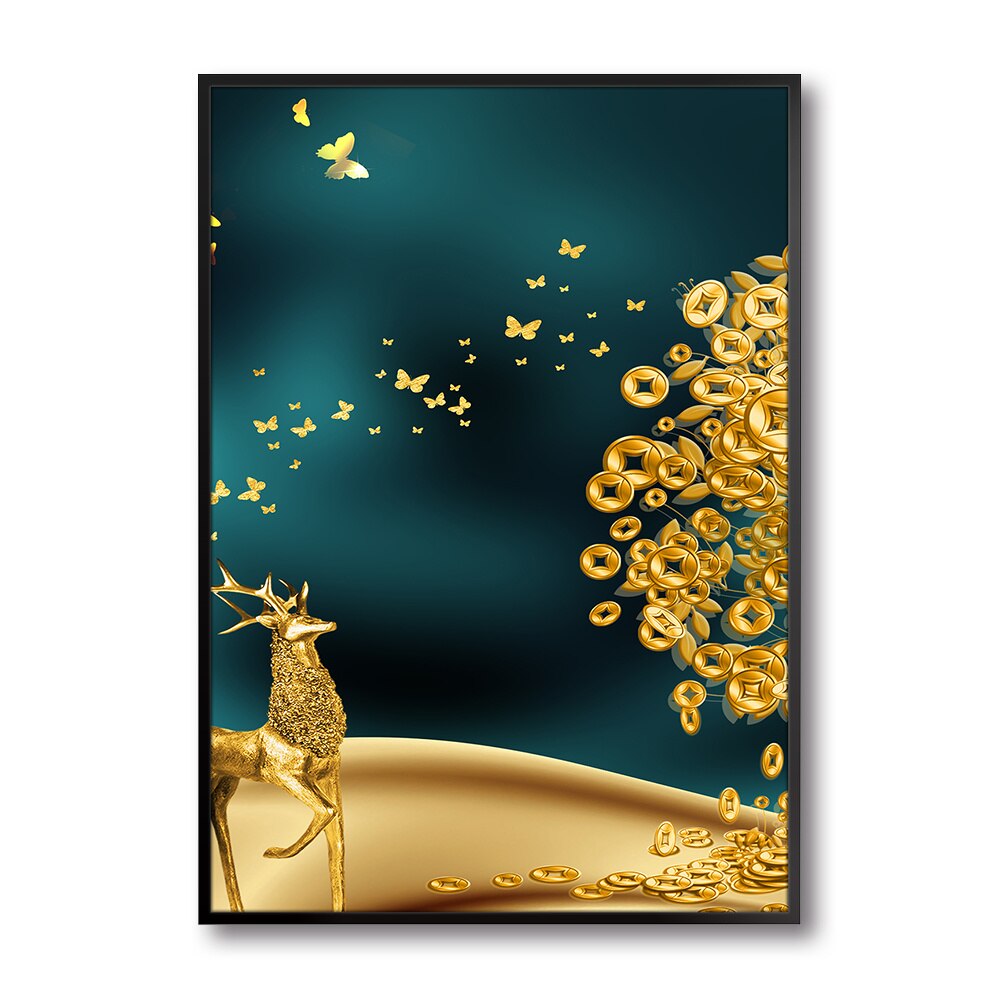 No Frame Gold Tree Canvas Poster Golden Deer Money Tree Wall Picture ...