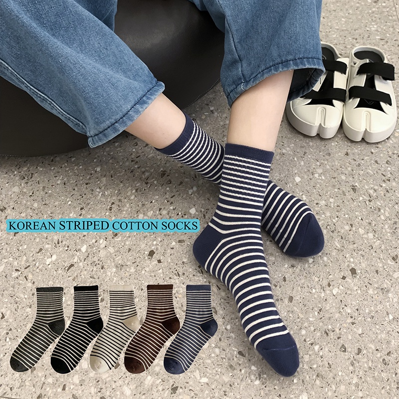 Ins Korean Striped Women Crew Socks Cotton Female Casual Semi-high ...
