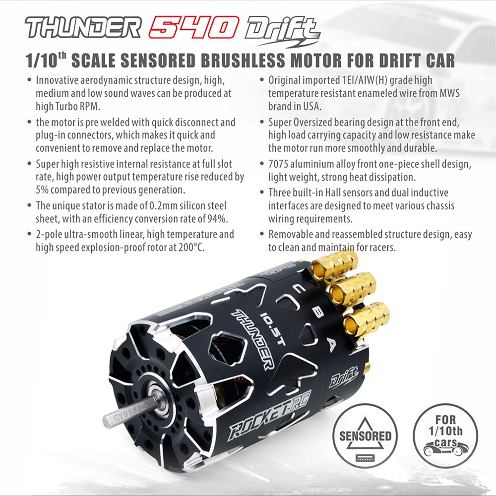 Thunder 540 Drift Sensored Brushless Motor Rocket-RC 10.5T 13.5T 2-3S 3.175 mm Shaft for 1/10 RC ...