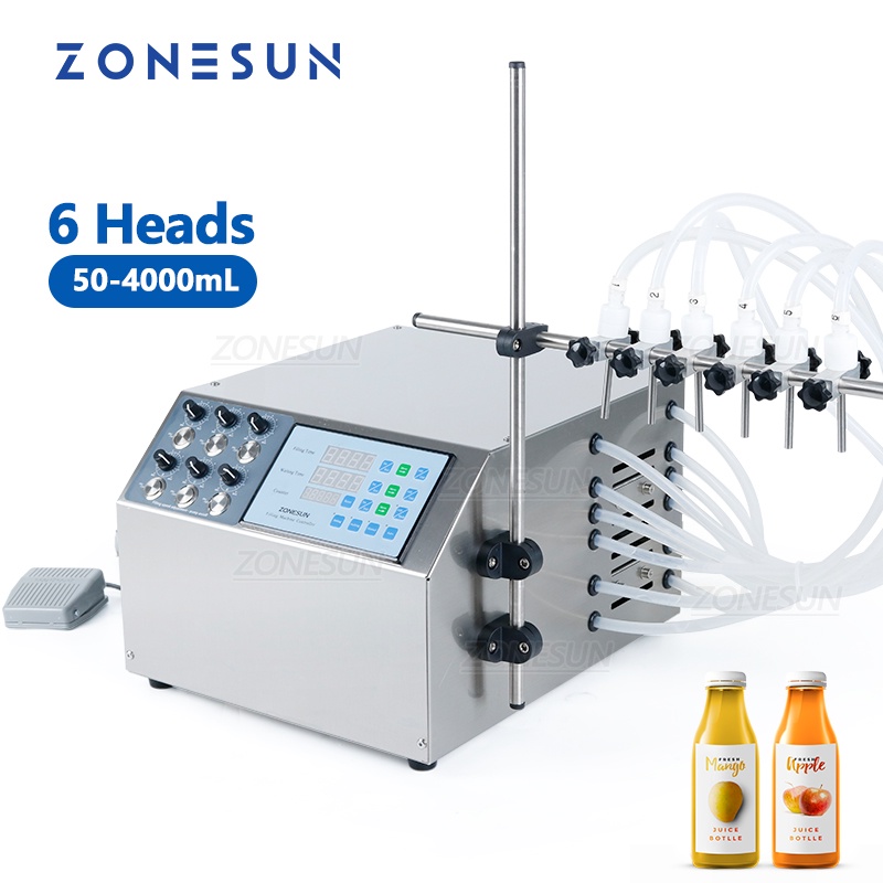 ZONESUN 6 Head Semi-Automatic Fruit Juice Mineral Water Bottling Fluid ...