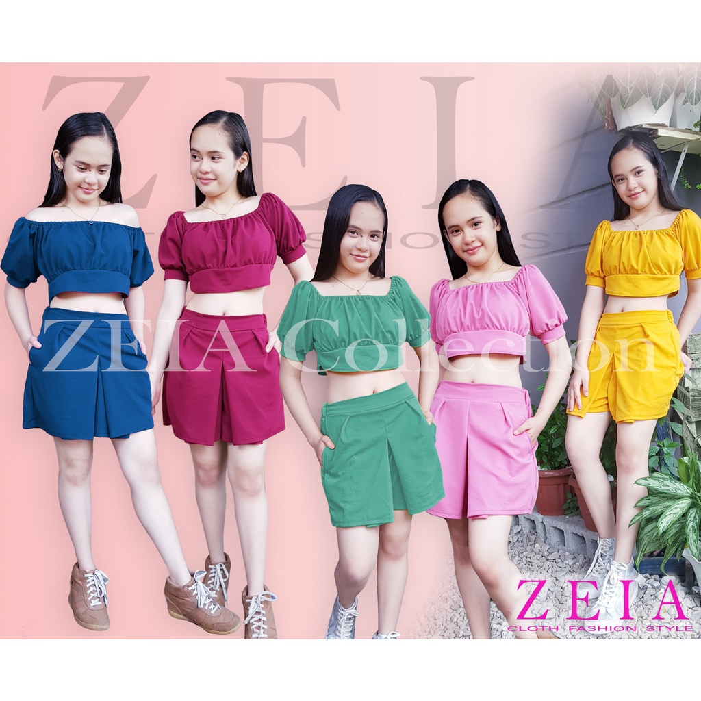 PUFF SLEEVE CROP TOP TERNO SHORTS FOR KIDS | Shopee Philippines