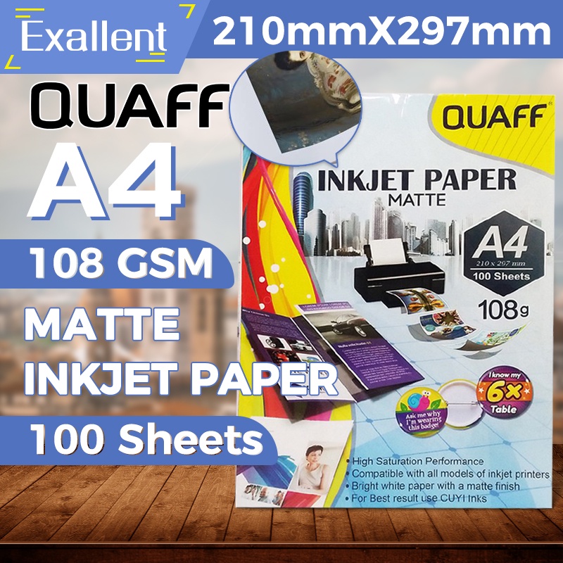 Inkjet Paper Matte A4 108gsm 100Sheets/pack Quaff Brand | Shopee ...