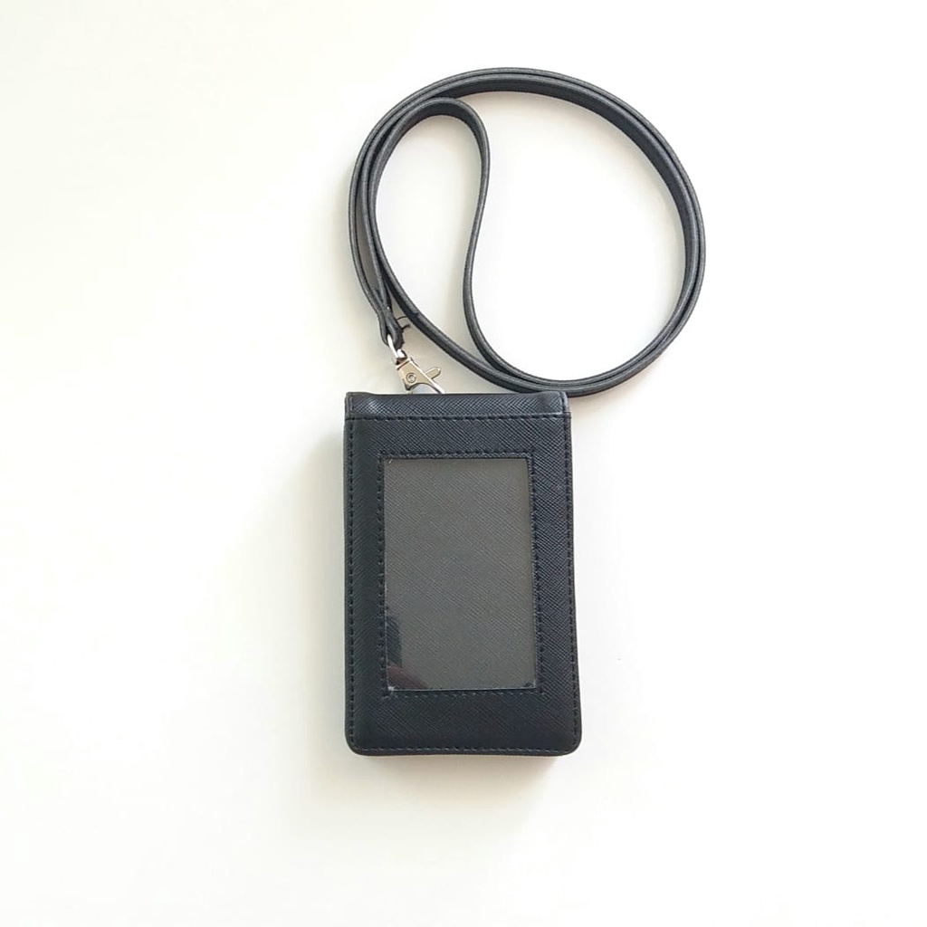 HITAM Lanyard ID Card Holder Name Tag Double Sided Leather Reversible ...