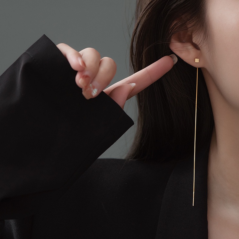 S925 Hikaw Silver Long Threader Earings Square Earrings for Piercing ...