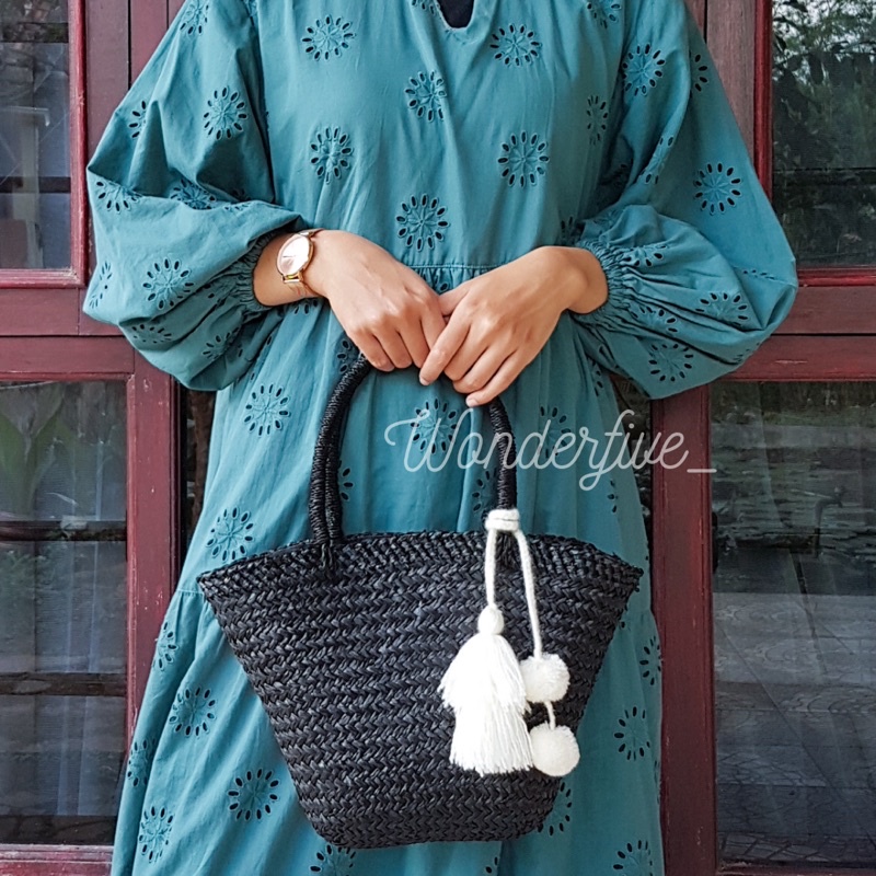 HITAM Woven Bag With Oval Full Black Tassel Pompoms, Traditional ...