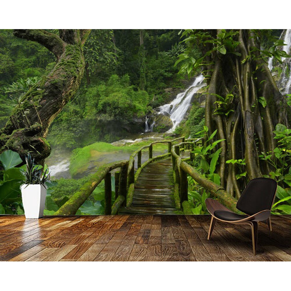 room 3d mural de landscape nature wall tv wooden bridge waterfall ...