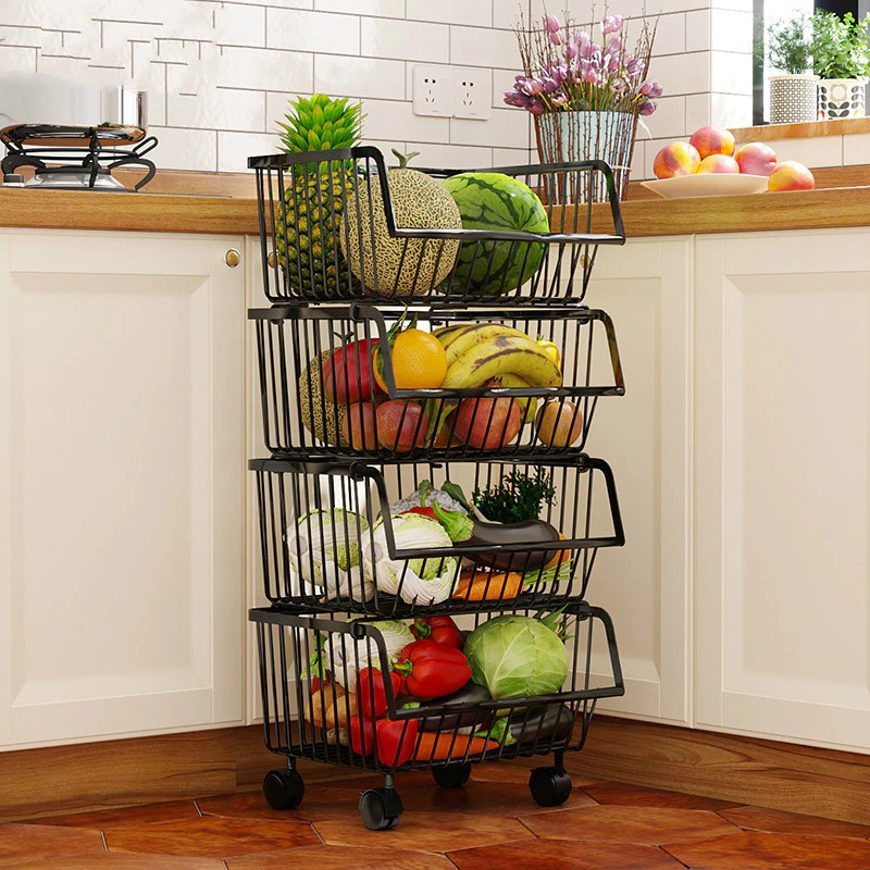 4-LAYER Stackable Wire Tray with Wheels Movable Multi-Function Kitchen ...