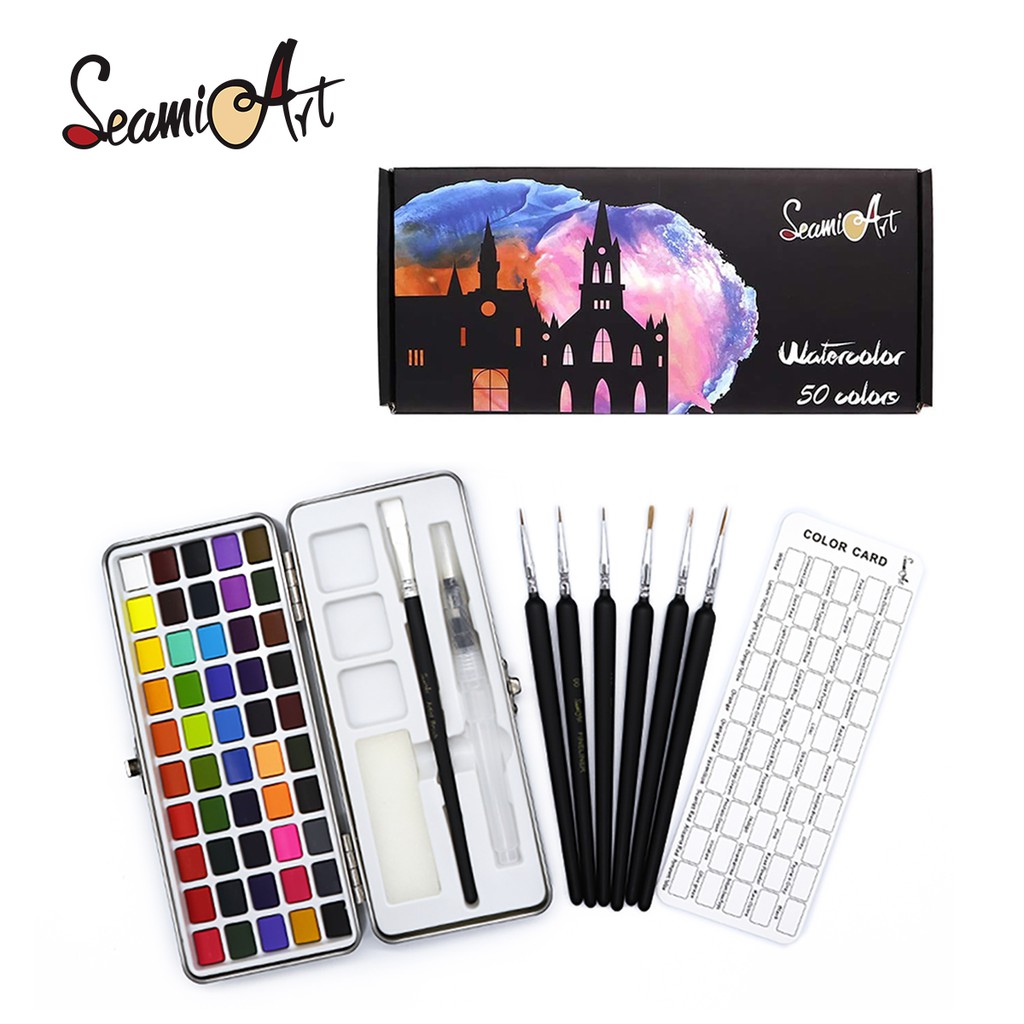 SeamiArt 50 Colors Solid Watercolor Gift Set With 6 Pcs. Detail ...