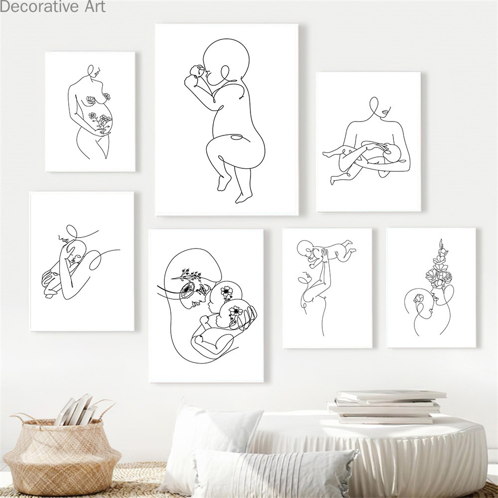 Abstract Baby Line Drawing Wall Art Painting Mother and Child Art Print ...