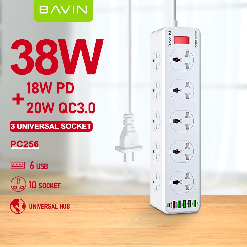 BAVIN PC256 Universal Charging HUB Extension w/ 6USB+10 Socket & 5 Auto-ID USB Port PD Fast QC3 ...